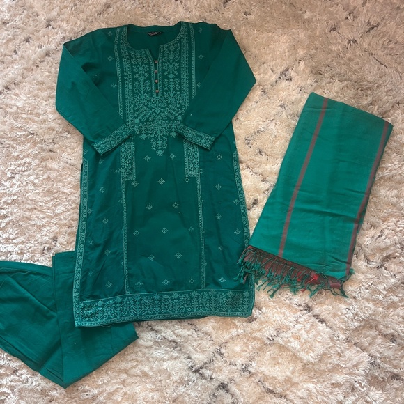 Limelight | Kurtas | 3pc Pakistani Khaddar Green Turquoise Embroidered ...